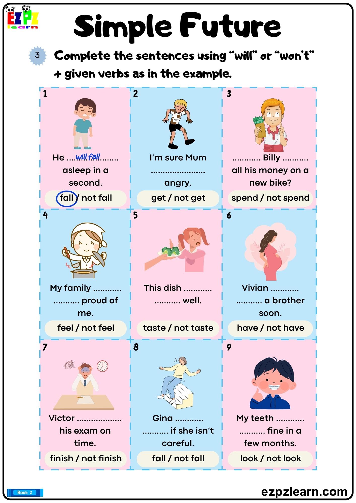 Simple Future Complete the sentences using will or won't Printable Worksheet PDF - Ezpzlearn.com